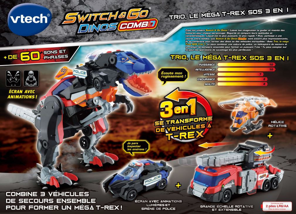 VTech - Jouet dinosaure et voiture - Trio, le méga T-Rex SOS 3 en 1
